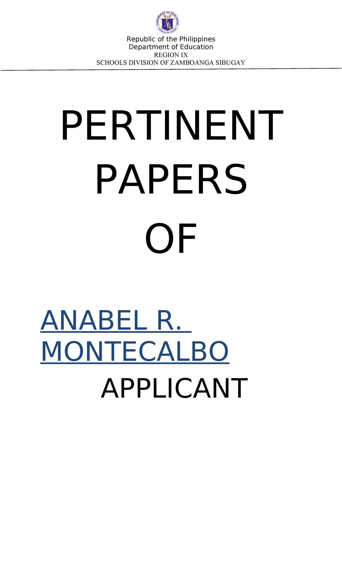 Cover PAGE - Pertinent Papers - Bachelor of Elementary Education ...