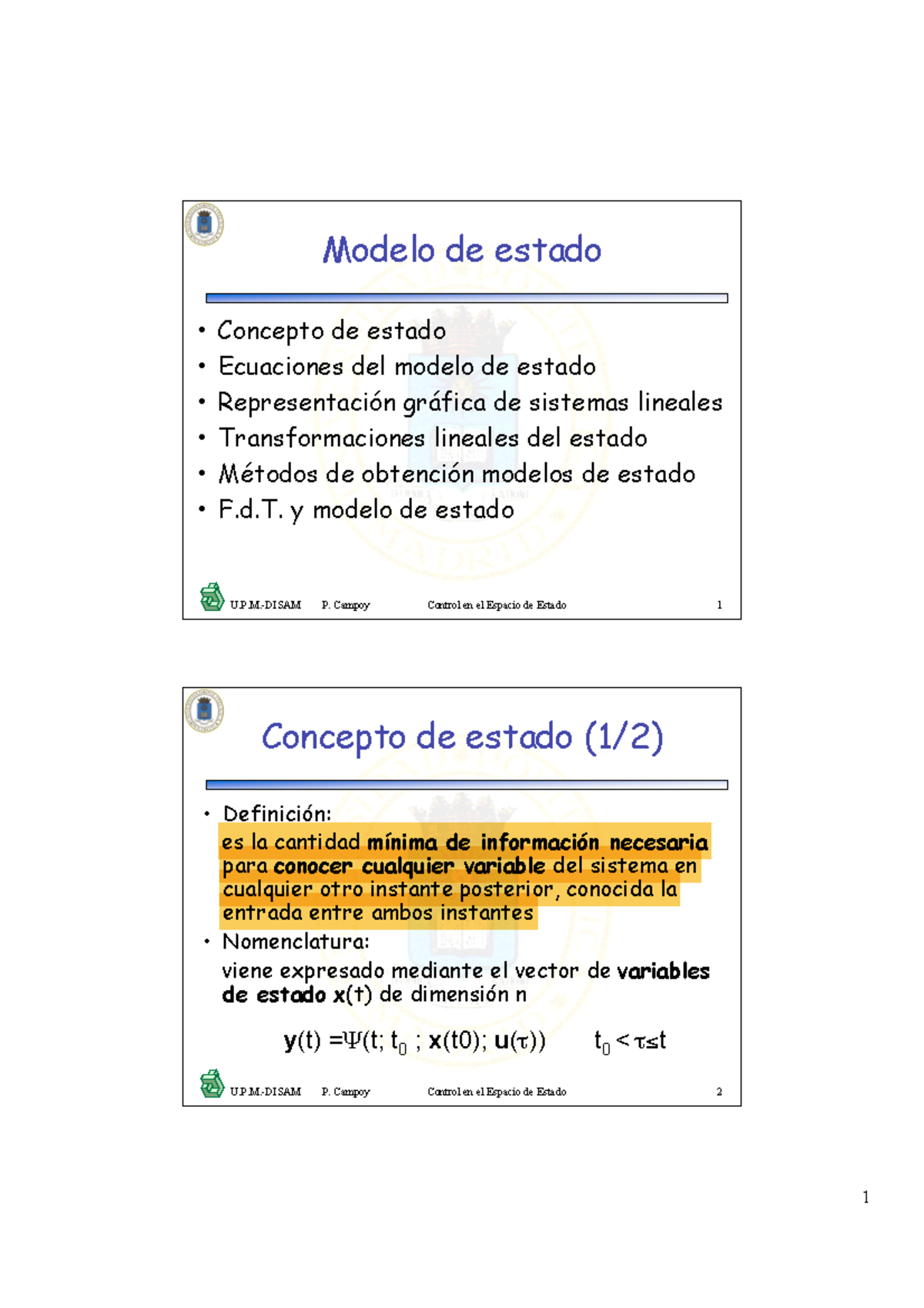 1 modelo de estado-ppt - U.P.-DISAM P. Campoy Control en el Espacio de ...