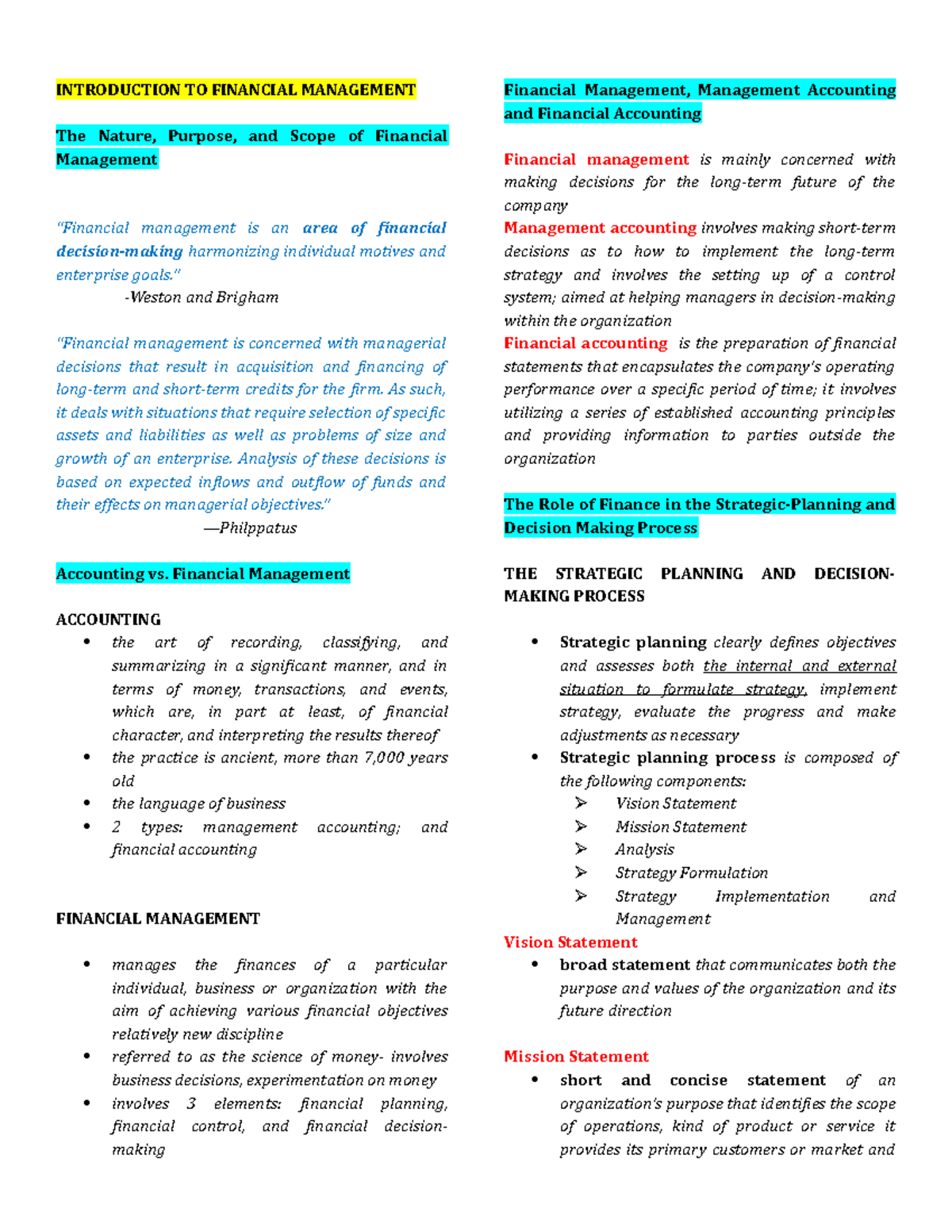 Financial management notes - INTRODUCTION TO FINANCIAL MANAGEMENT The ...