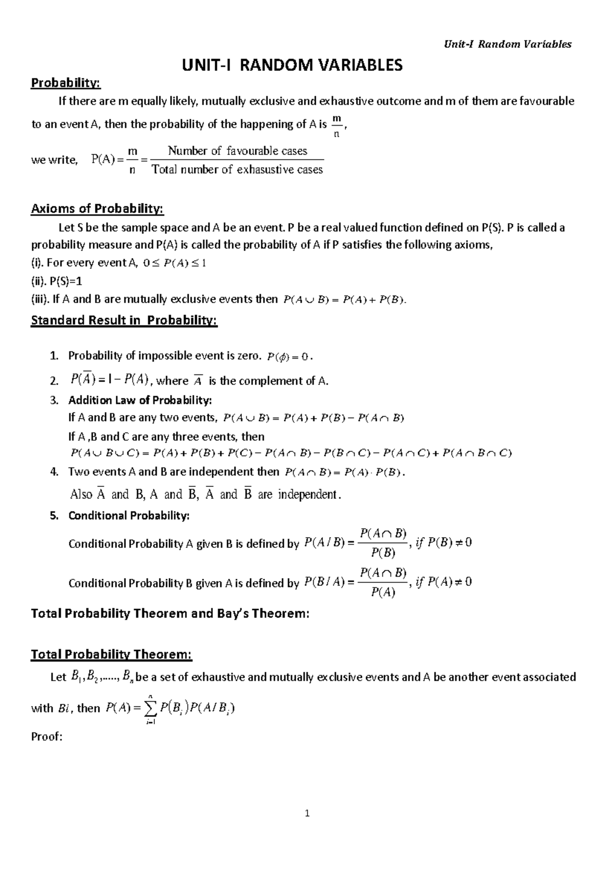 Unit -1 Random variables - Probability: If there are m equally likely, mutually exclusive and ...