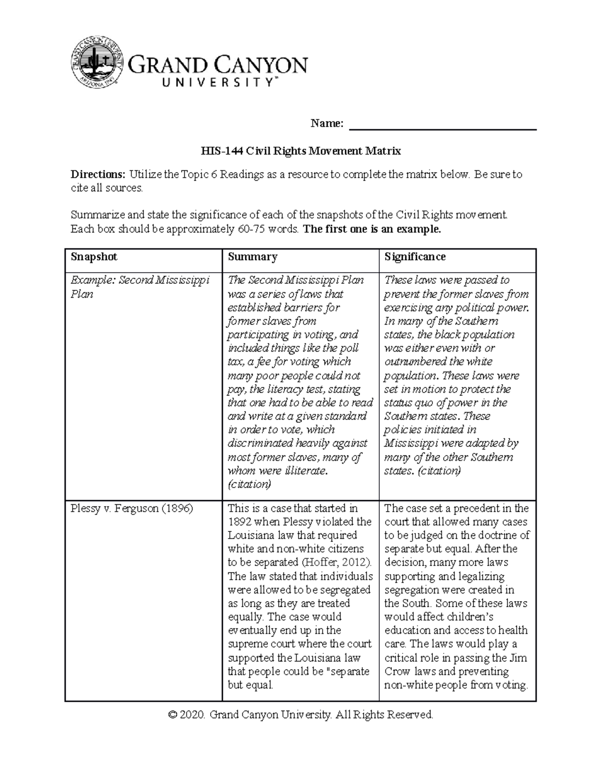 HIS-144-T6 Civil Rights Movement Matrix 1 - Name: HIS-144 Civil Rights ...