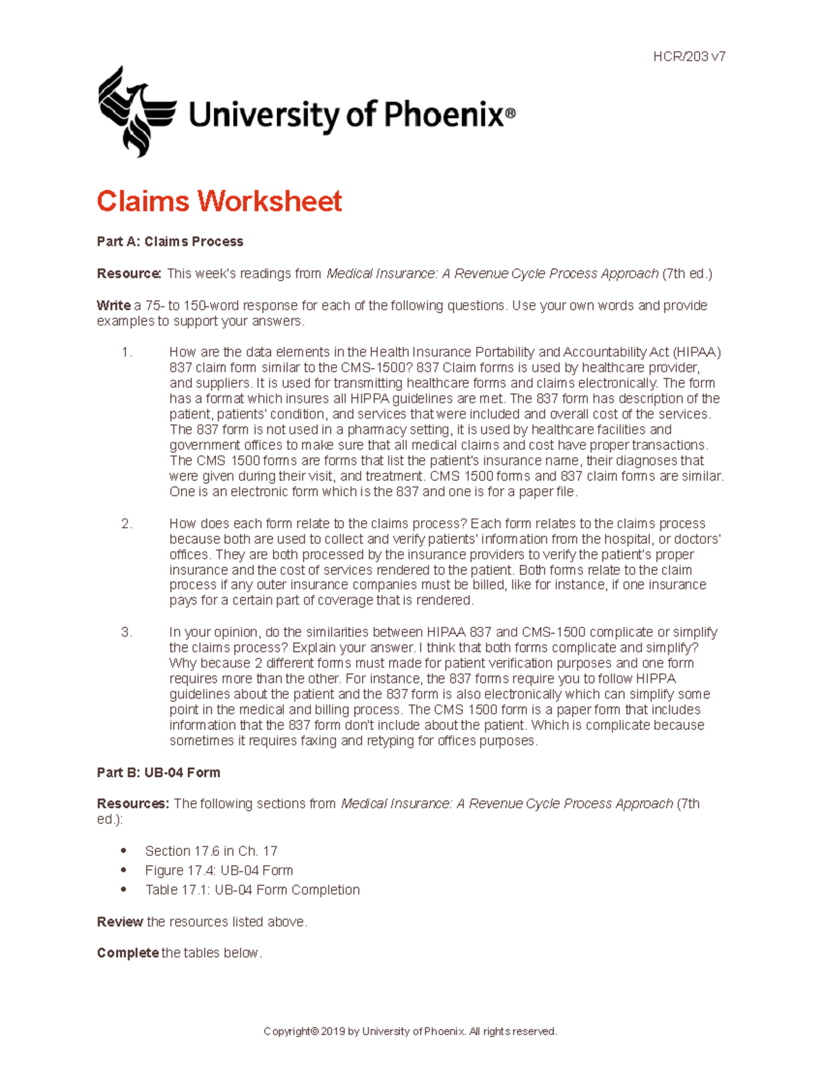 Claims Worksheet: HIPAA 837 and CMS 1500 Forms in the Claims Process ...