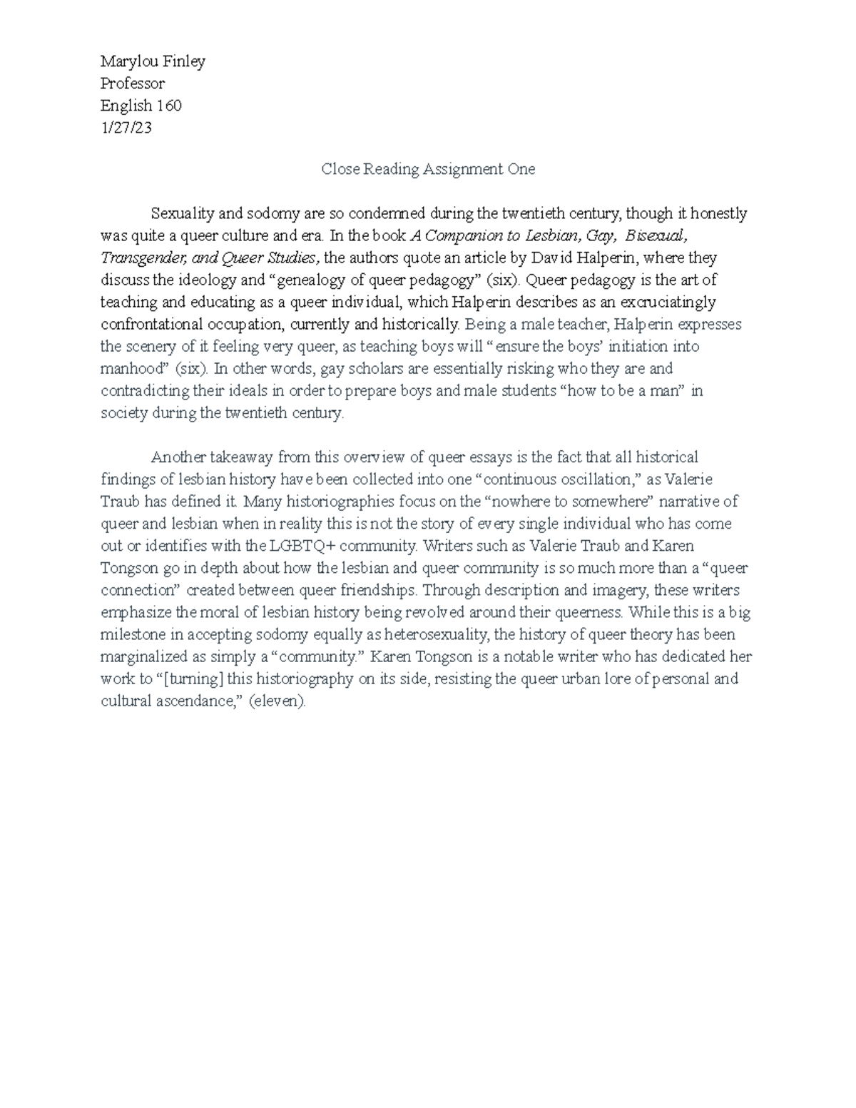 Close Reading One - Marylou Finley Professor English 160 1/27/ Close ...