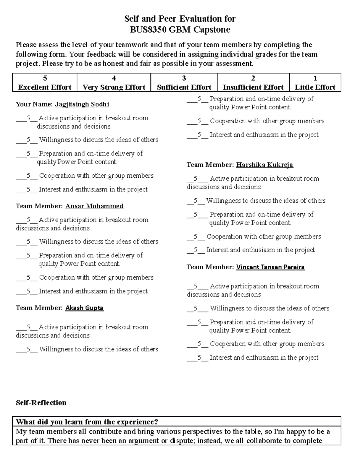 Self and Peer Evaluation - Jagjitsingh Sodhi - Self and Peer Evaluation ...