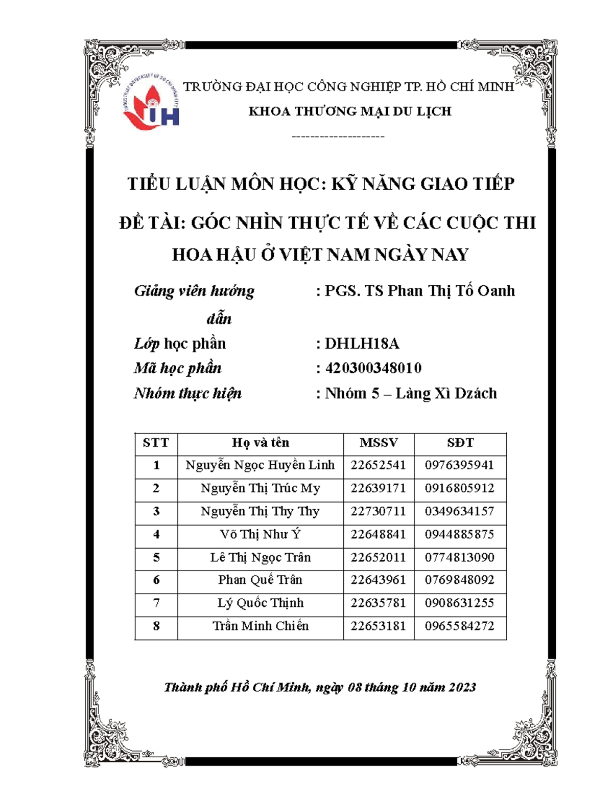 KNGT- Hoa hậu - TRƯỜNG ĐẠI HỌC CÔNG NGHIỆP TP. HỒ CHÍ MINH KHOA THƯƠNG ...