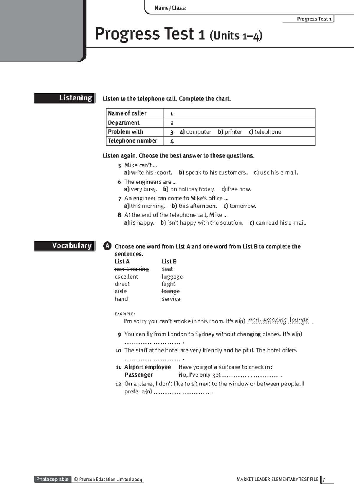 Progress test 1 - pruebas de inglés - ####### 7 Progress Test 1 ...