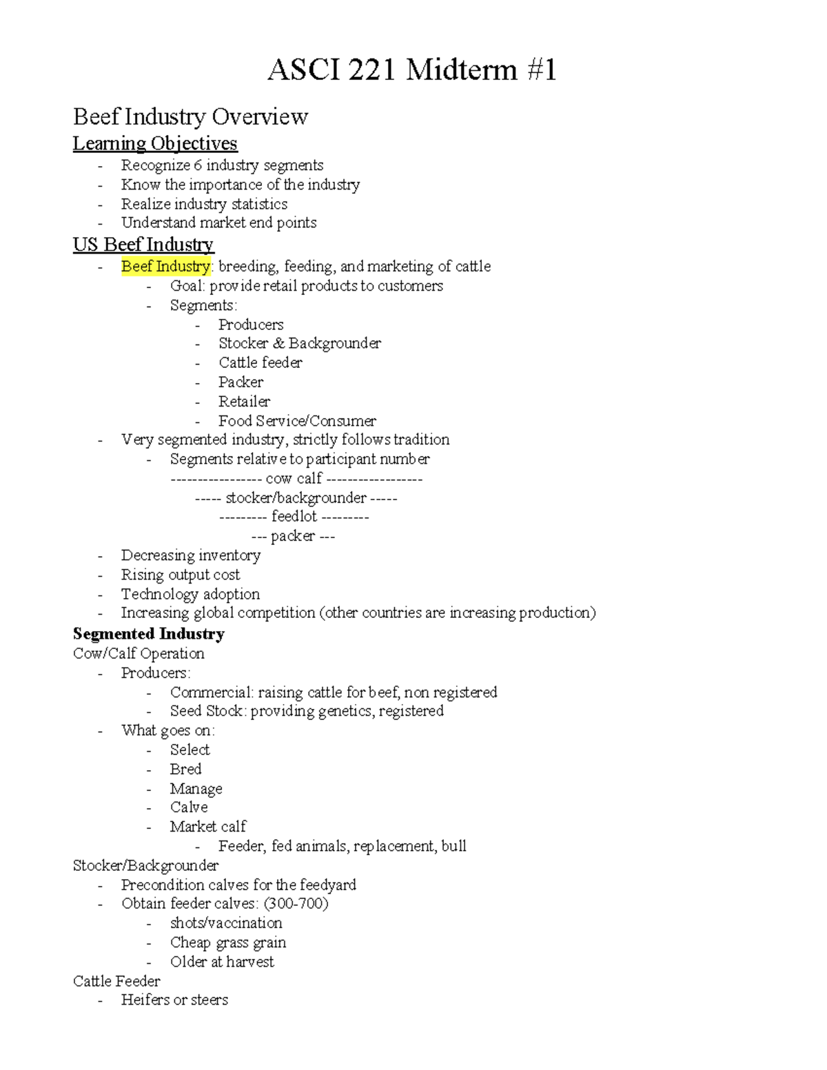 ASCI 221 Midterm 1 - Lecture notes 1-6 - ASCI 221 Midterm Beef Industry ...