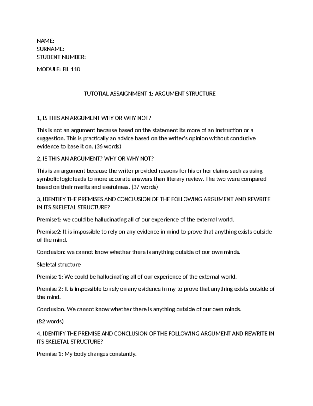 FIL 110 - The assignment is - NAME: SURNAME: STUDENT NUMBER: MODULE: FIL 110 TUTOTIAL ...