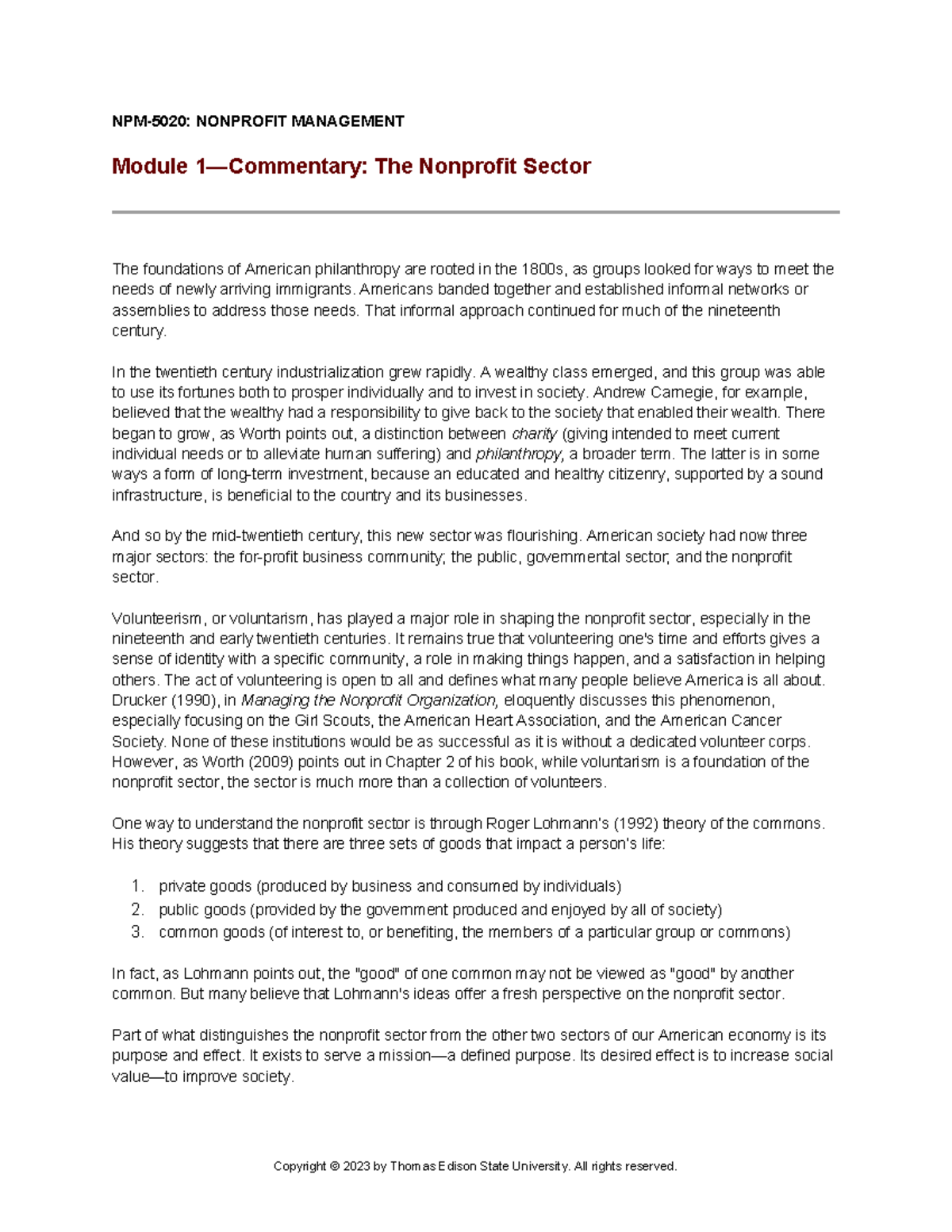 Module 1 Commentary Reading - NPM-5020: NONPROFIT MANAGEMENT Module 1—Commentary: The Nonprofit ...