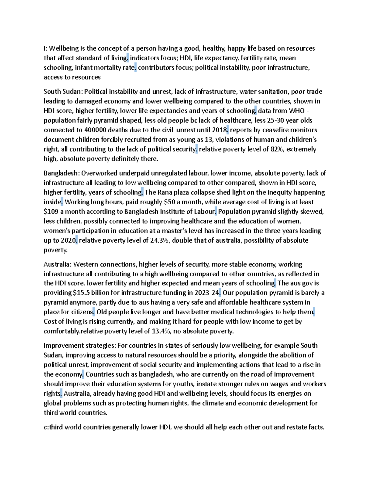 Geography assessment notes - I: Wellbeing is the concept of a person ...