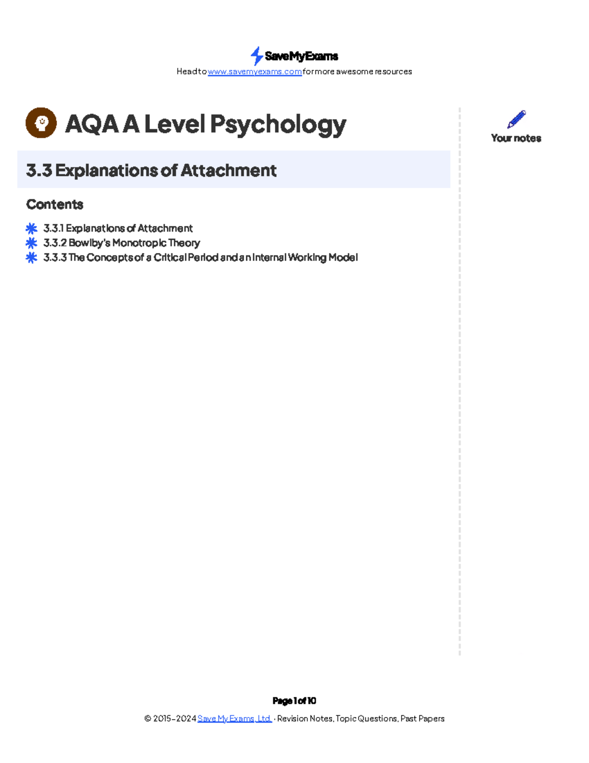 3.3 Explanations of Attachment - Page 1 of 10 AQA A Level Psychology 3 ...