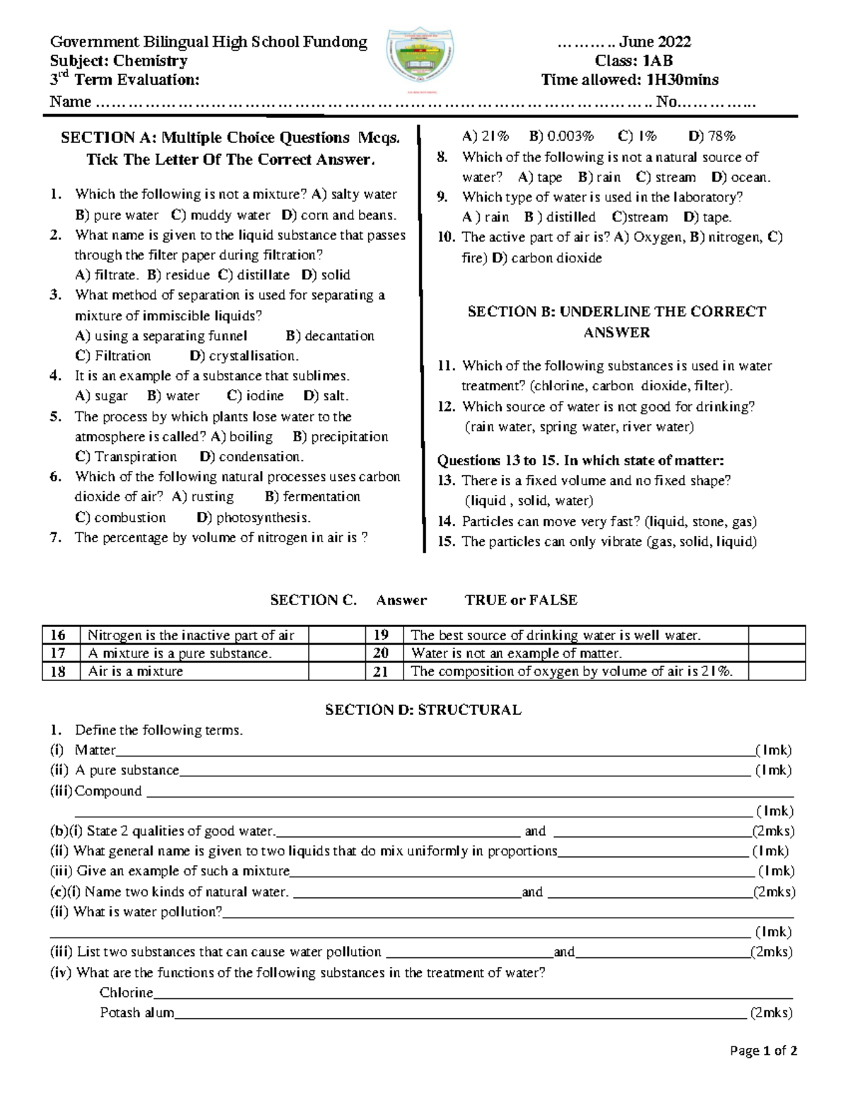 CHEM F1 JUNE 2022 - Tutorial work - Page 1 of 2 Government Bilingual ...