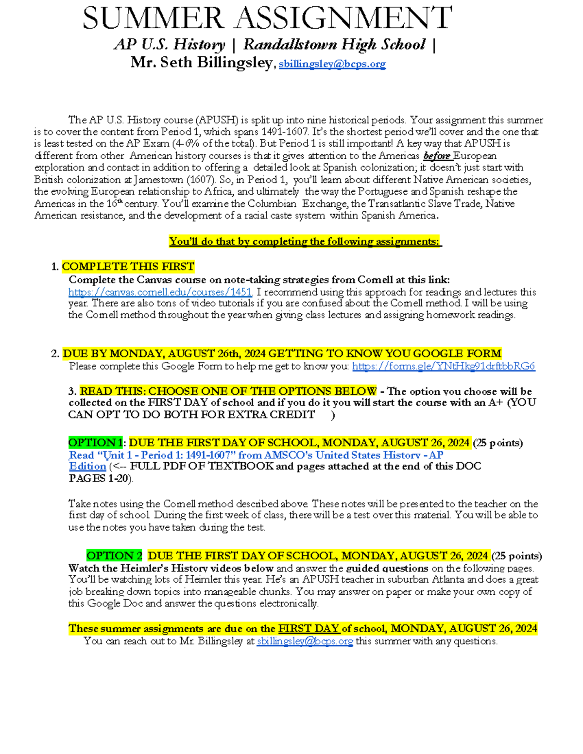 Apush Summer Assignment - SUMMER ASSIGNMENT AP U. History ...