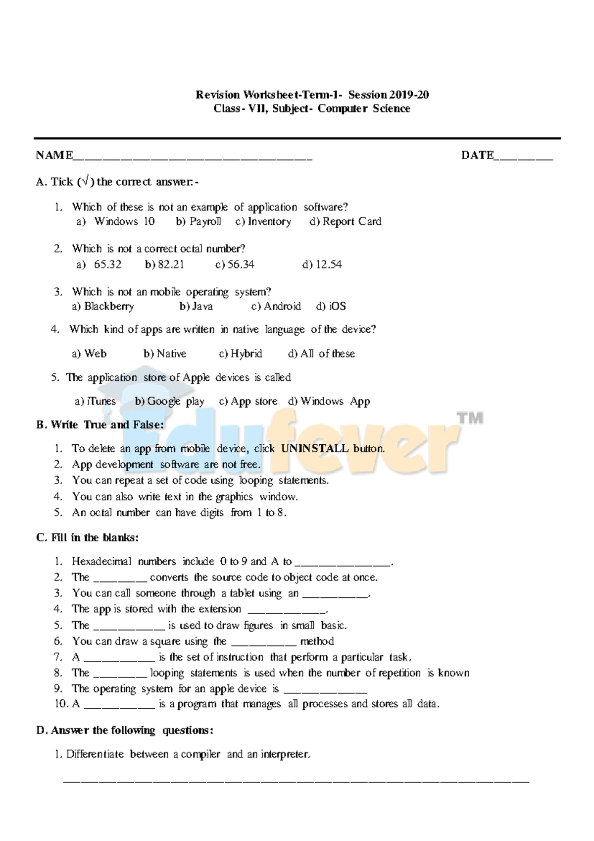 Computer Sample Paper 1 - NAME ...