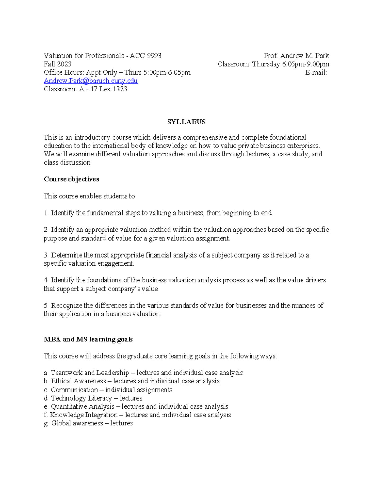 Syllabus-ACC 9993-Fall 2023 - Valuation for Professionals - ACC 9993 ...