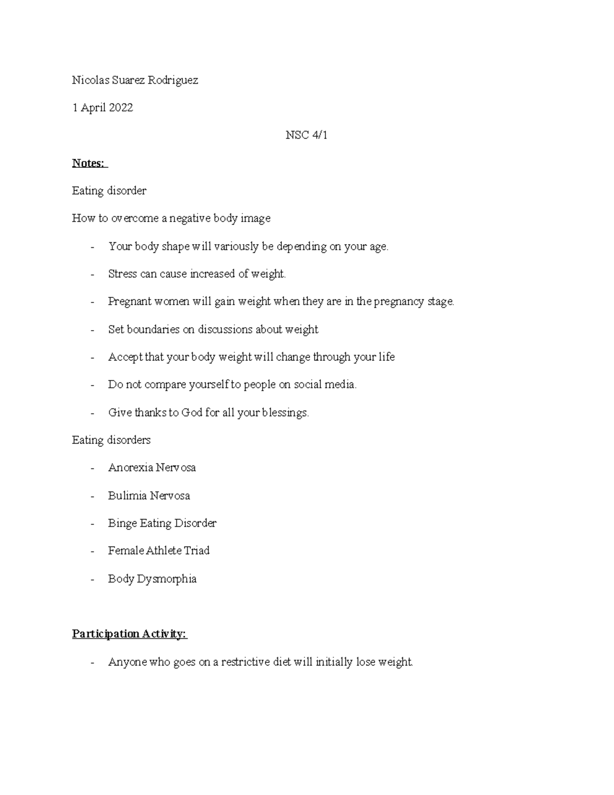 NSC 4:1 - Notes of the class. - Nicolas Suarez Rodriguez 1 April 2022 ...