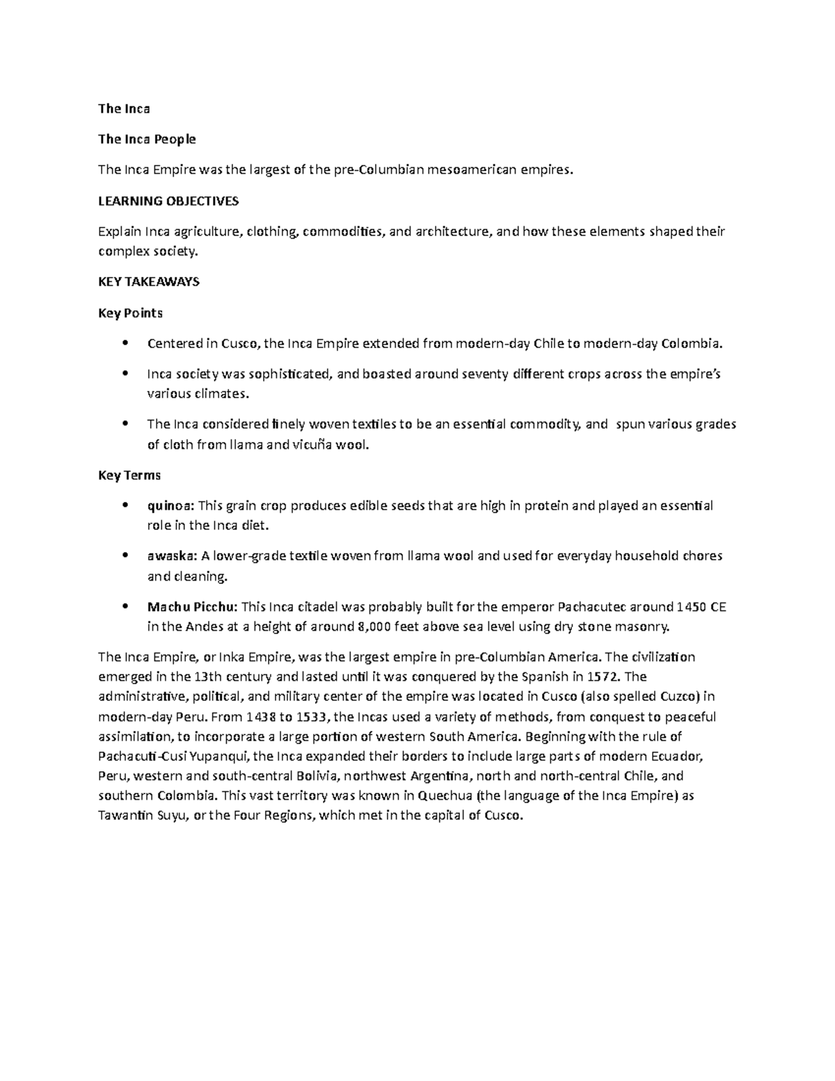 The Inca - Week five notes - The Inca The Inca People The Inca Empire ...