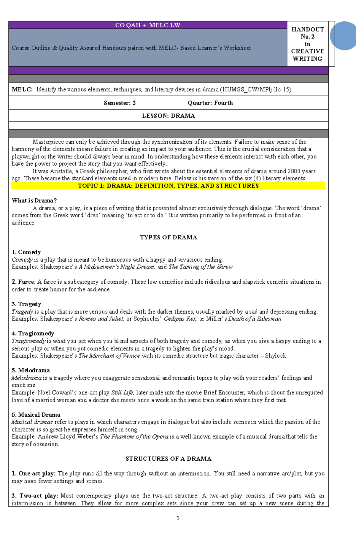 Handout-2 - It is one of the assignment - CO QAH + MELC LW HANDOUT No ...