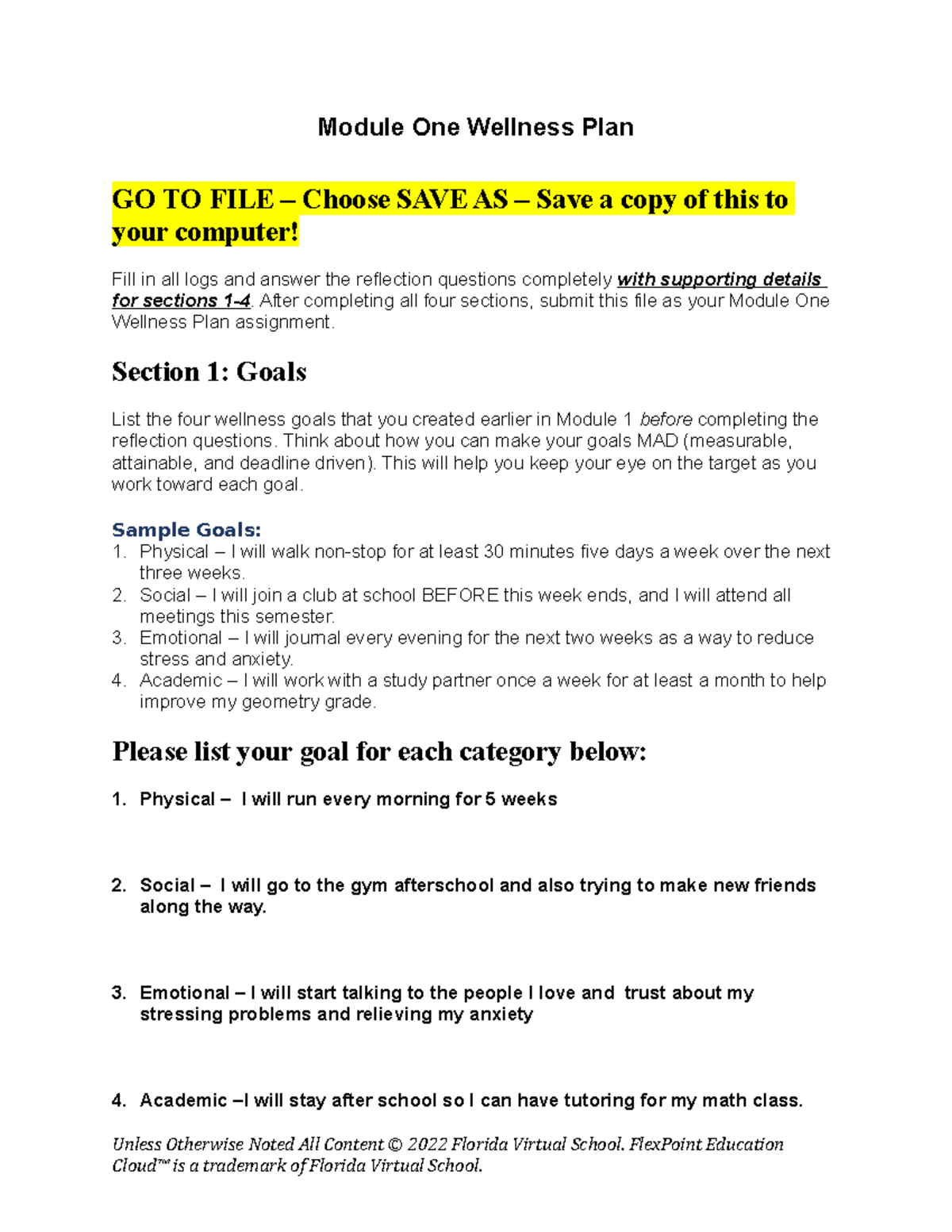 Module one wellness plan 4 - Module One Wellness Plan GO TO FILE ...