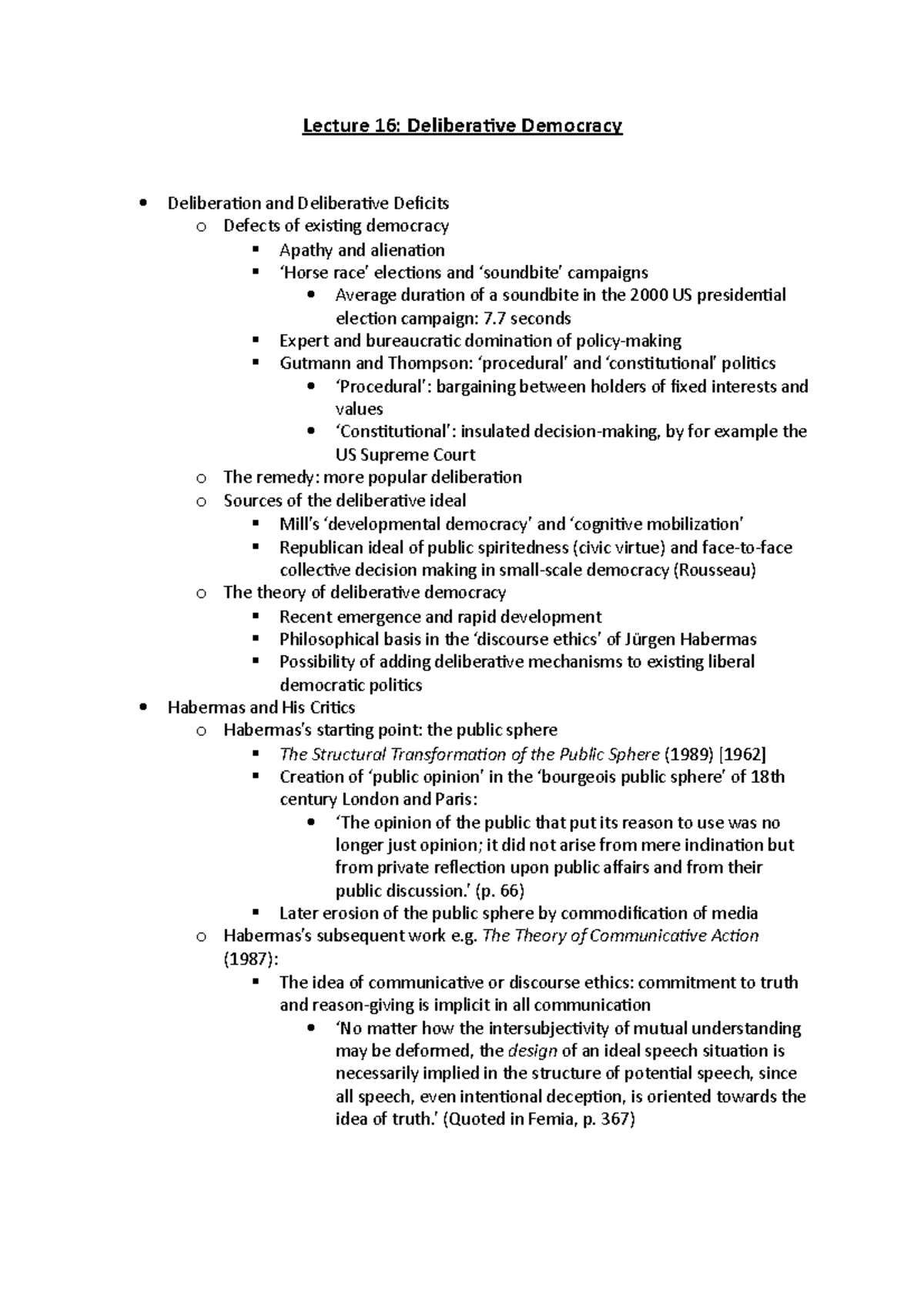 Lecture 16- Deliberative Democracy - Lecture 16: Deliberative Democracy ...