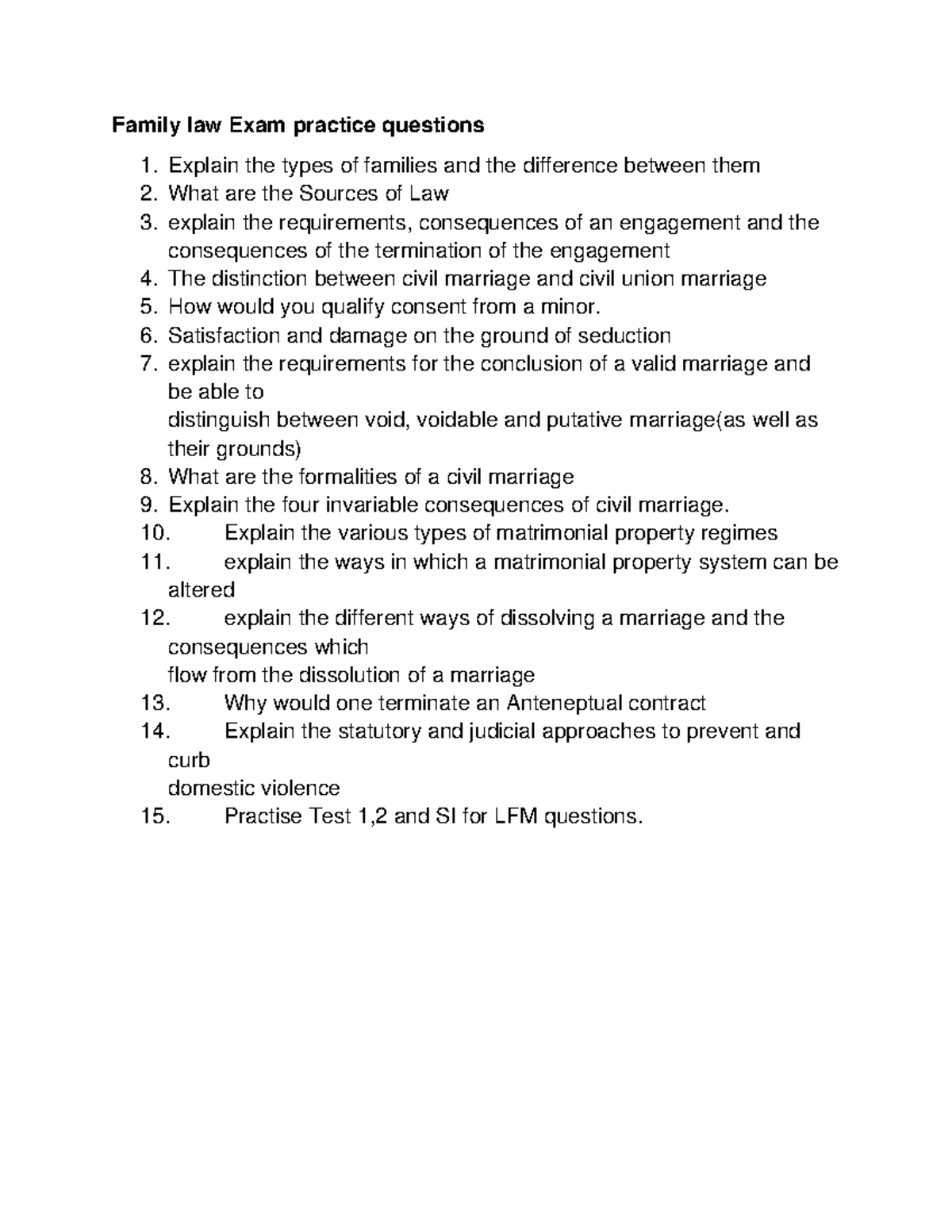 Document 33 - Family law Exam practice questions 1. Explain the types ...