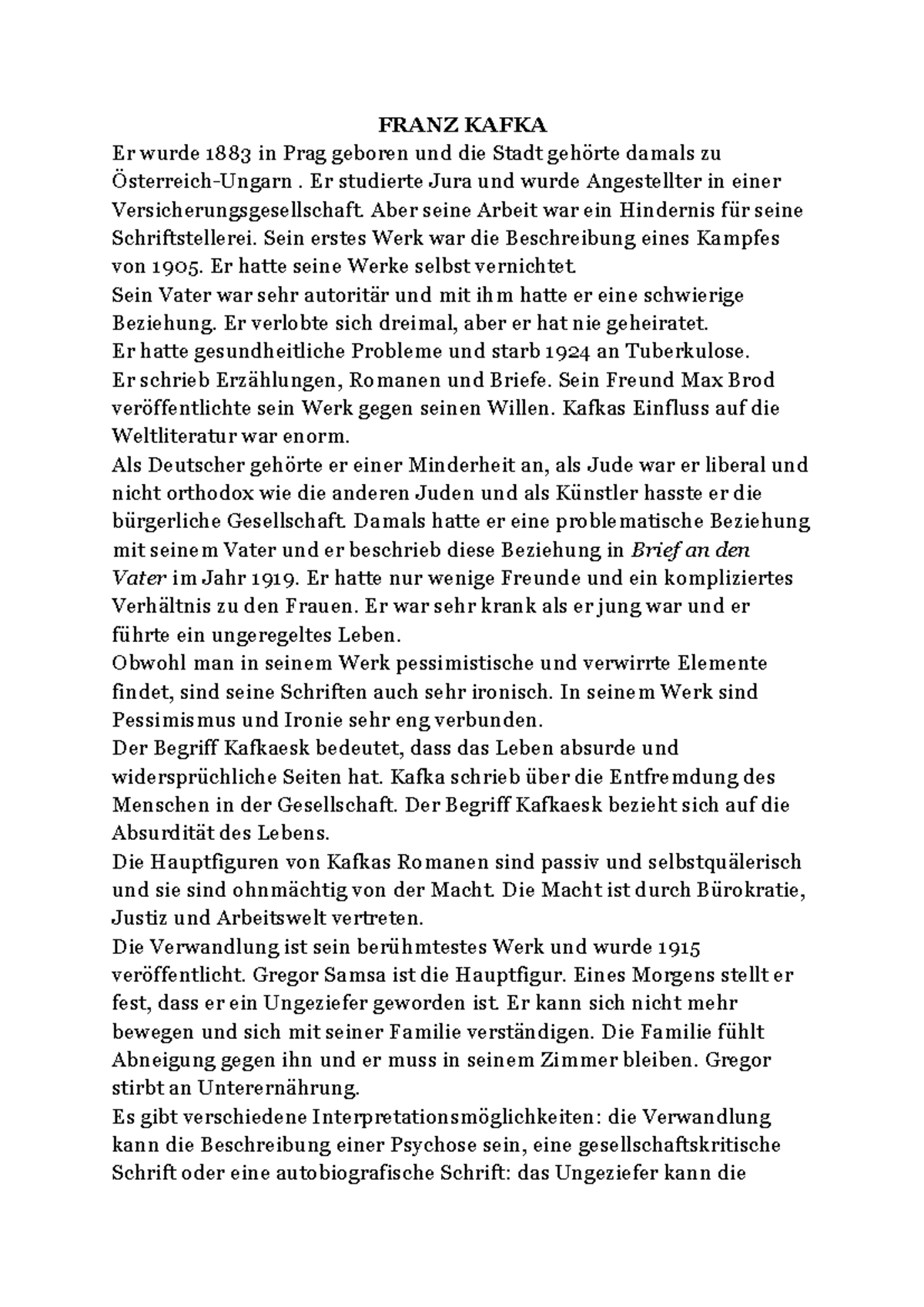 Frank Kafka: vita e opere - FRANZ KAFKA Er wurde 1883 in Prag geboren ...