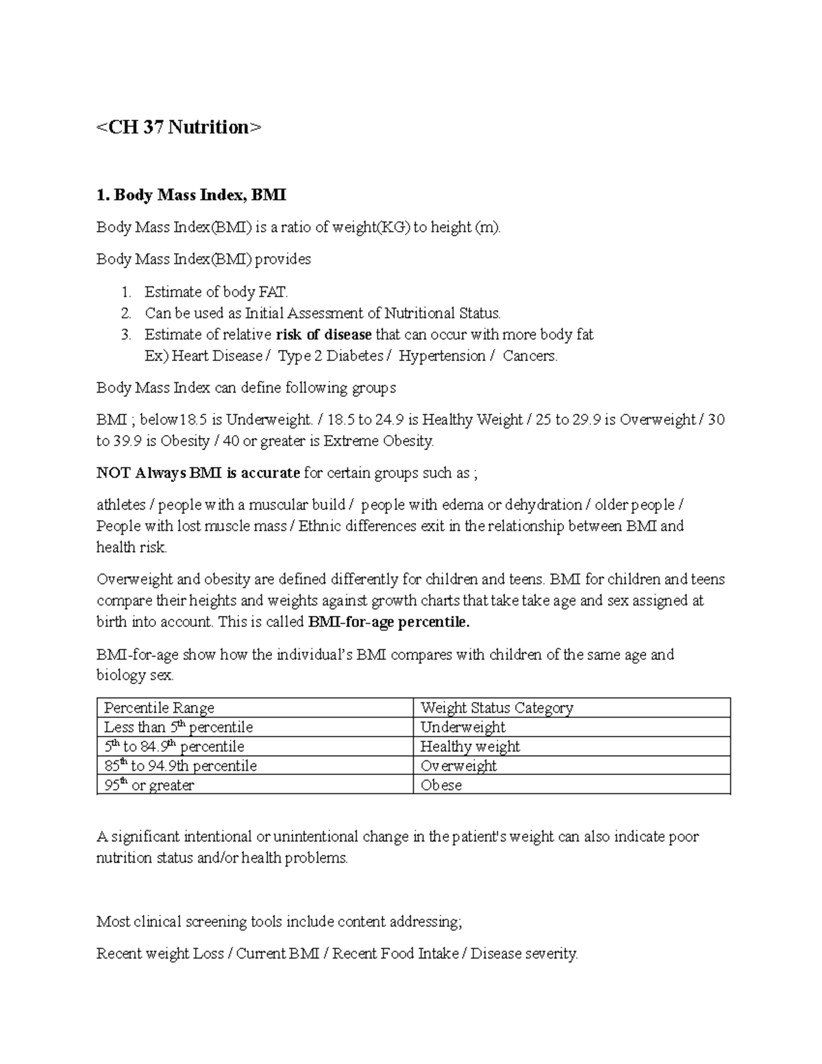 Fundamental EXAM 2 - lecture - 1. Body Mass Index, BMI Body Mass Index ...