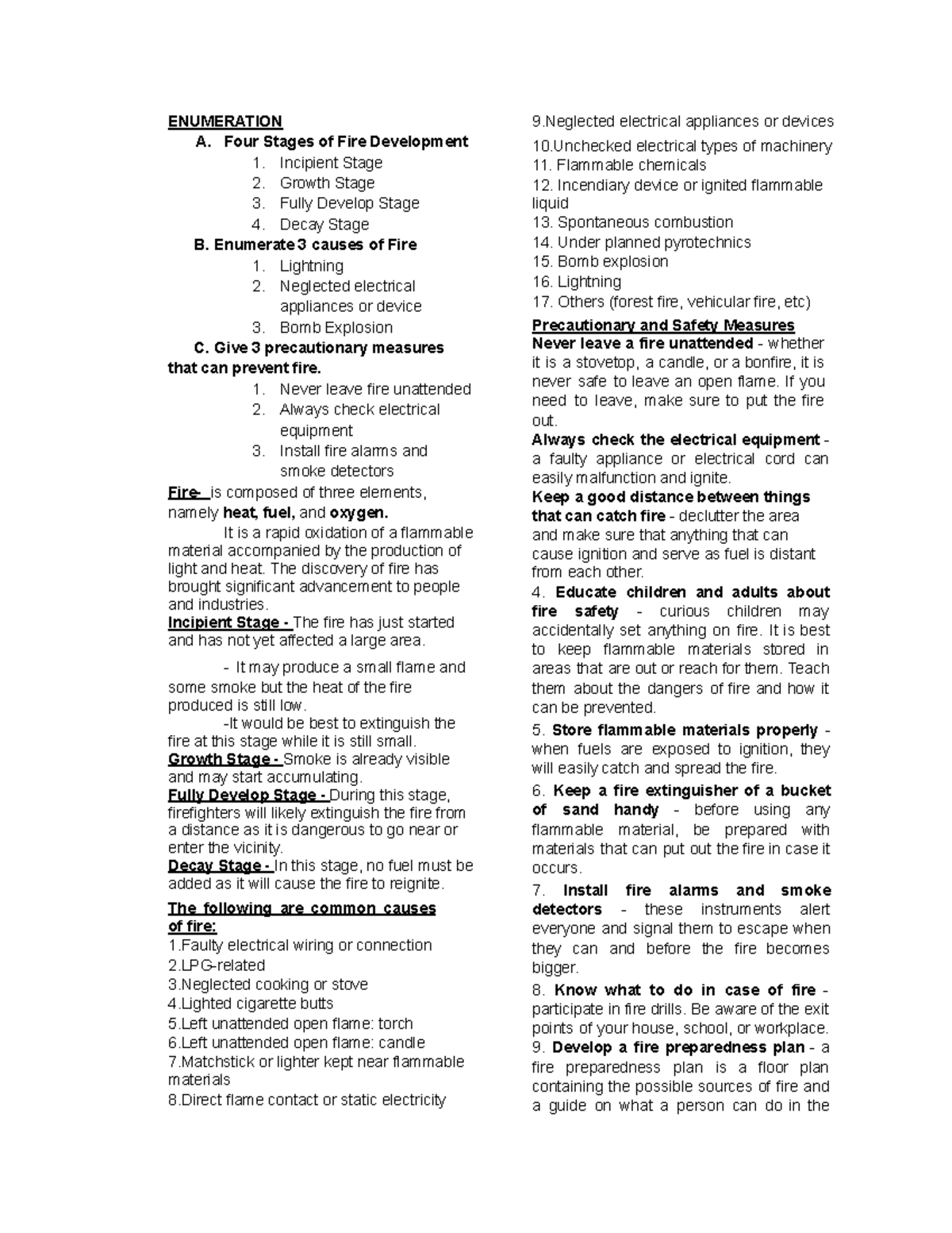 Ror - Notes - ENUMERATION A. Four Stages of Fire Development 1 ...