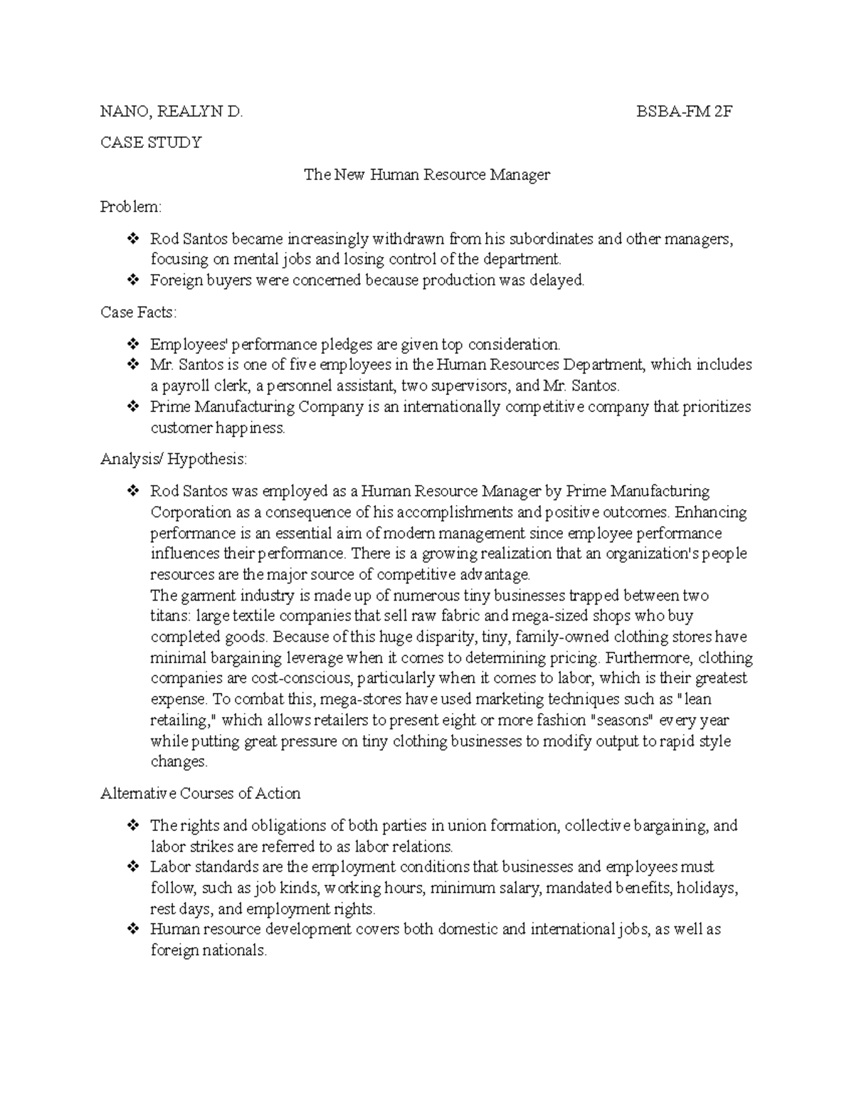 human resource management - NANO, REALYN D. BSBA-FM 2F CASE STUDY The ...
