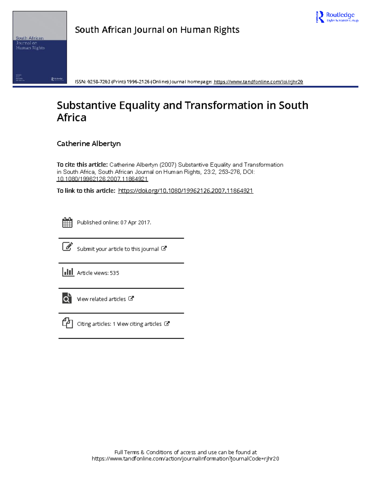 Substantive Equality and Transformation in South Africa - LPUB4824 ...