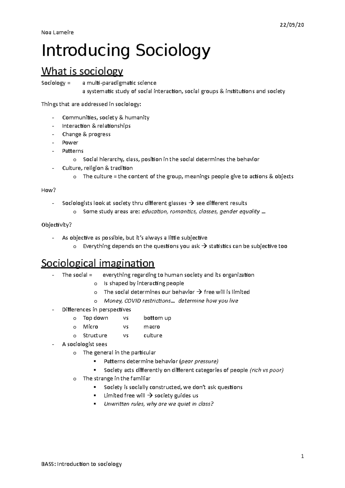 1. Introducing sociology - Noa Lameire Introducing Sociology What is ...