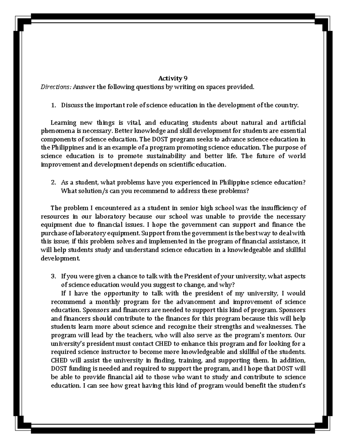 STS Activity 9, 10 - Important Role of Science Education in the ...