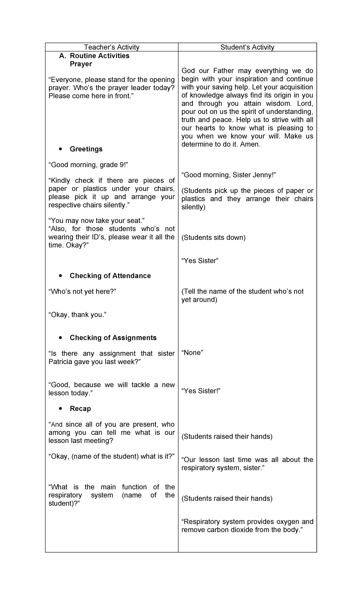Lesson Plan Grade 9 circulatory system - Teacher’s Activity Student’s ...