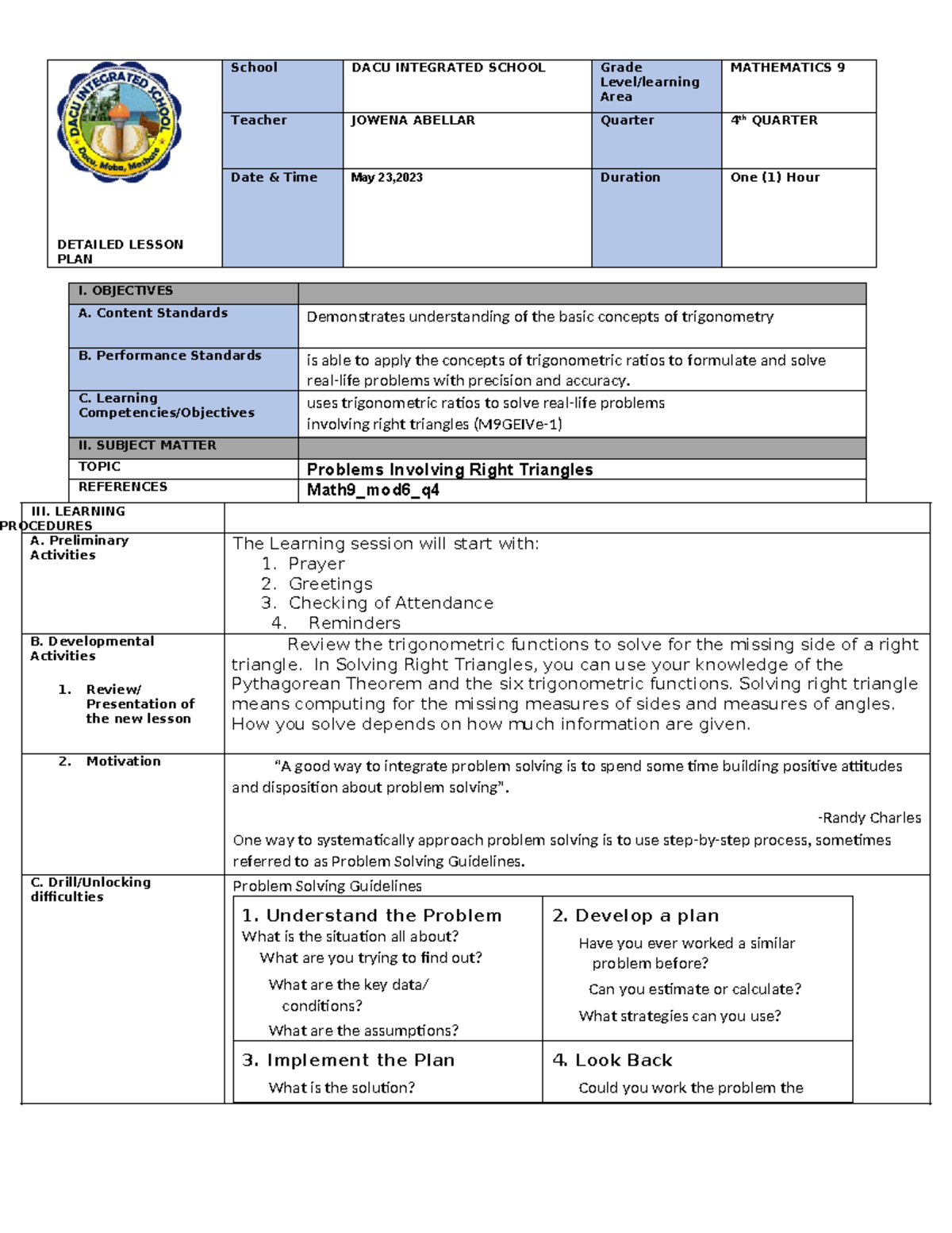 LP Grade 9 Problems Involving Right Triangles - DETAILED LESSON PLAN ...
