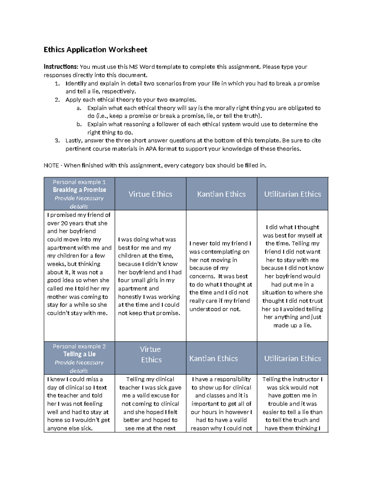 Ethics worksheet - Ethics Application Worksheet Instructions: You must ...