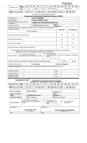 Sample Rating Sheets 1 in Conducting Competency Assessment - TESDA-OP ...