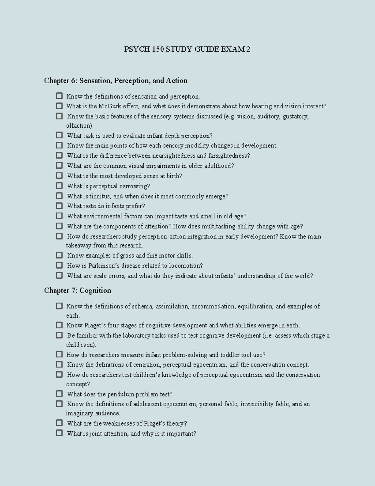 Psych 150 Study Guide Test 2 - PSYCH 150 STUDY GUIDE EXAM 2 Chapter 6 ...