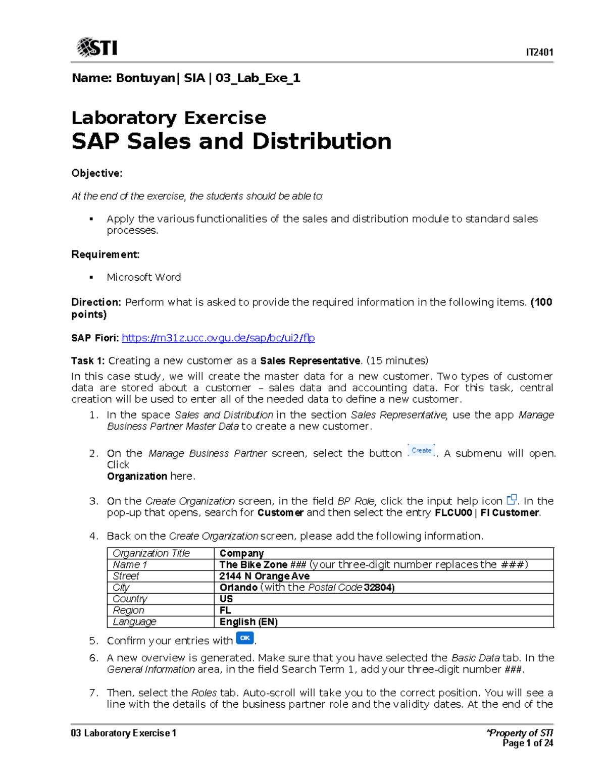 Bontuyan IT405 SIA 03 Laboratory Exercise 1 - 03 Laboratory Exercise 1 *Property of STI Name ...