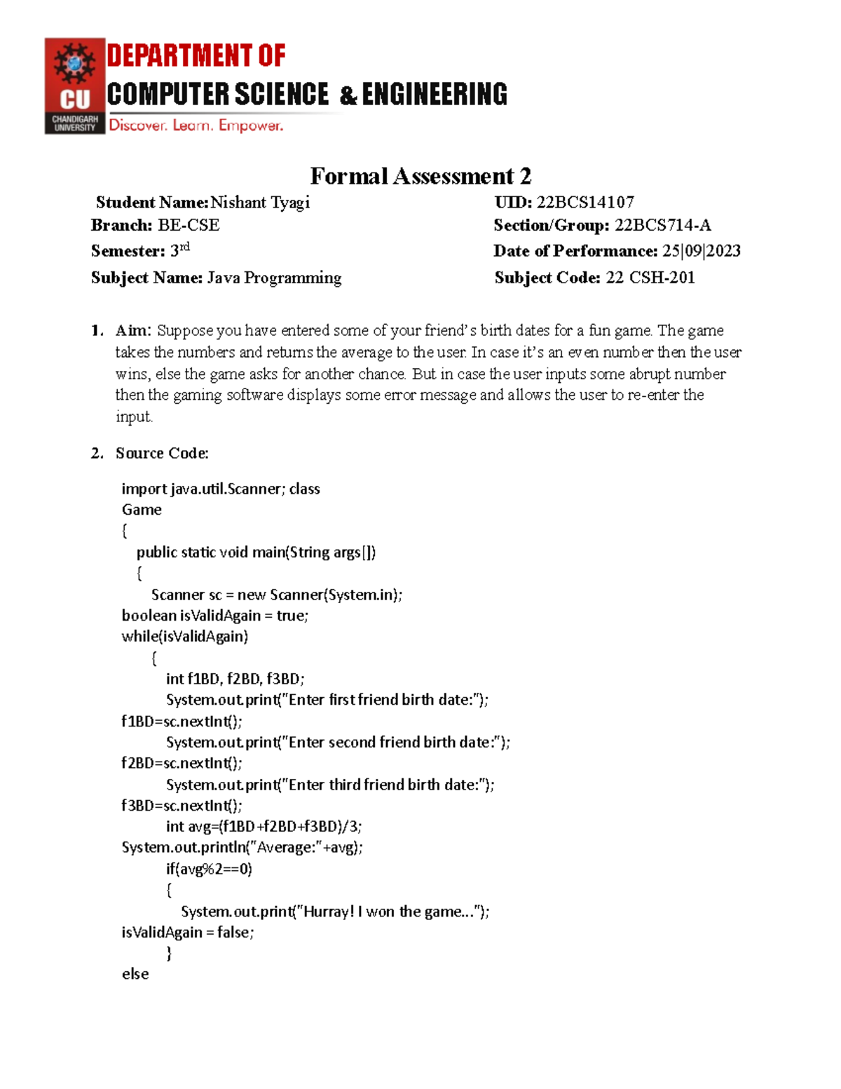 Java worksheet 2 - DEPARTMENT OF COMPUTER SCIENCE & ENGINEERING Formal ...