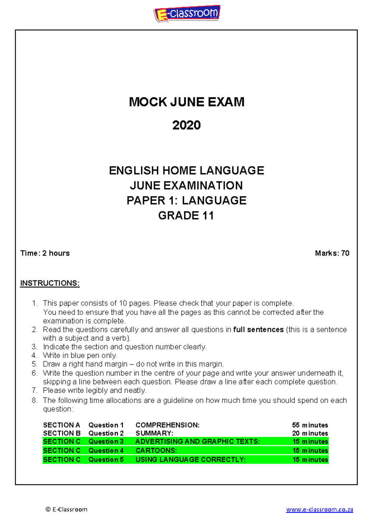 1606295110 grade 11 june exam paper 1 language - \ MOCK JUNE EXAM 2020 ...