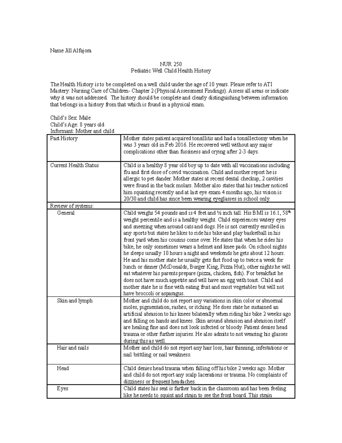 Peds Healthhistory - Pediatric health history assignment example - Name ...