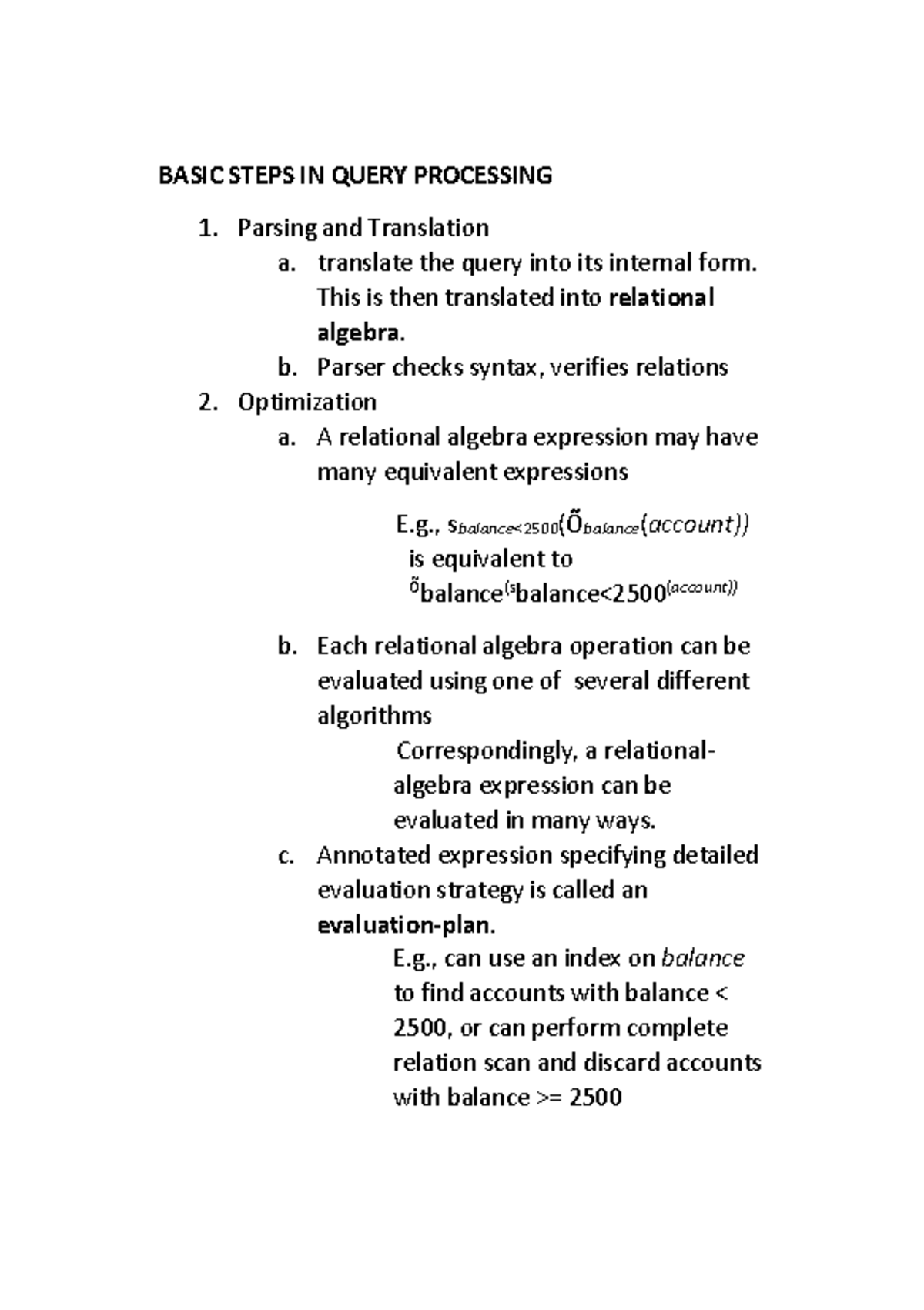 Query Processing - Algebra Operations - BASIC STEPS IN QUERY PROCESSING Parsing and Translation ...