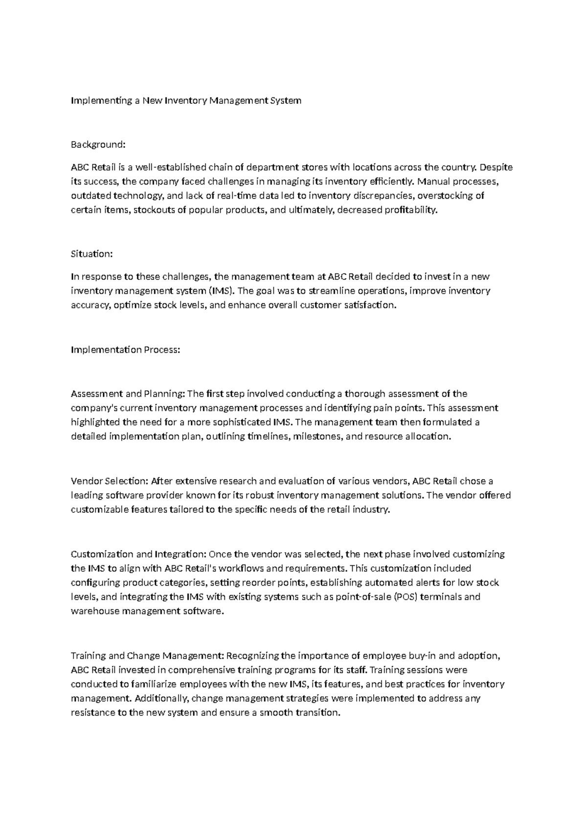 Implementing a New Inventory Management System - Implementing a New ...