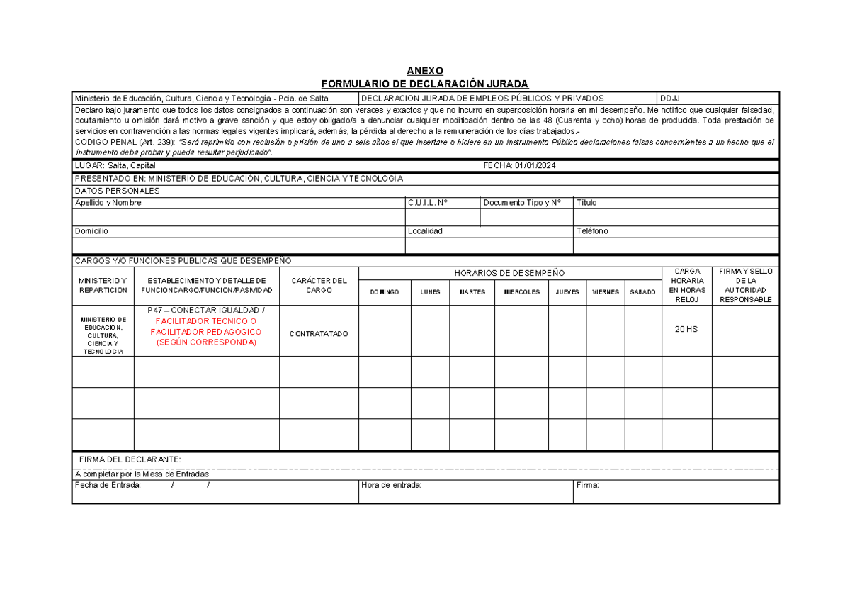 Modelo - DDJJ - Empleos Publicos Y Privados - ANEXO FORMULARIO DE ...