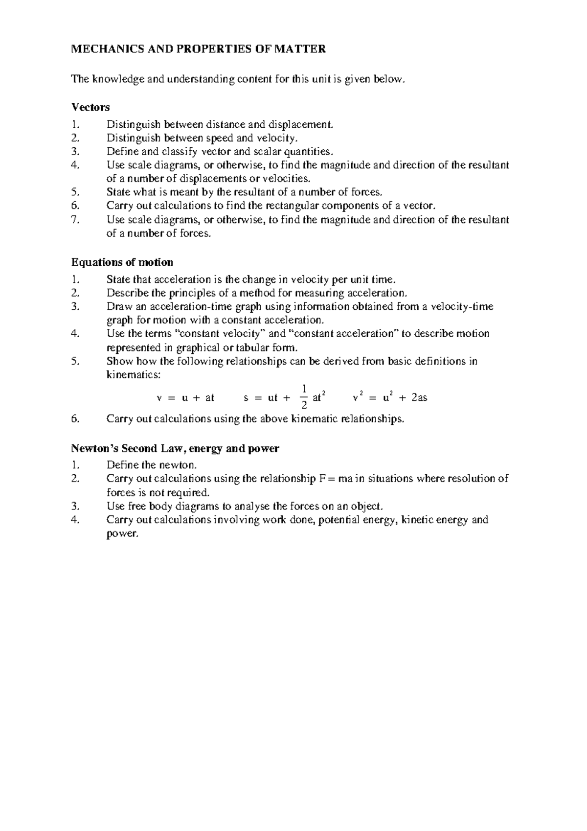 Unit 1 - Outcomes & Summary Notes - MECHANICS AND PROPERTIES OF MATTER ...