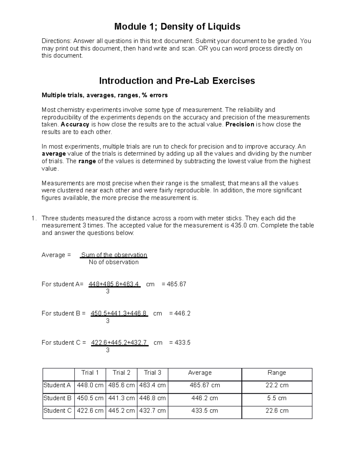 M1 density of liquids - Module 1; Density of Liquids Directions: Answer ...