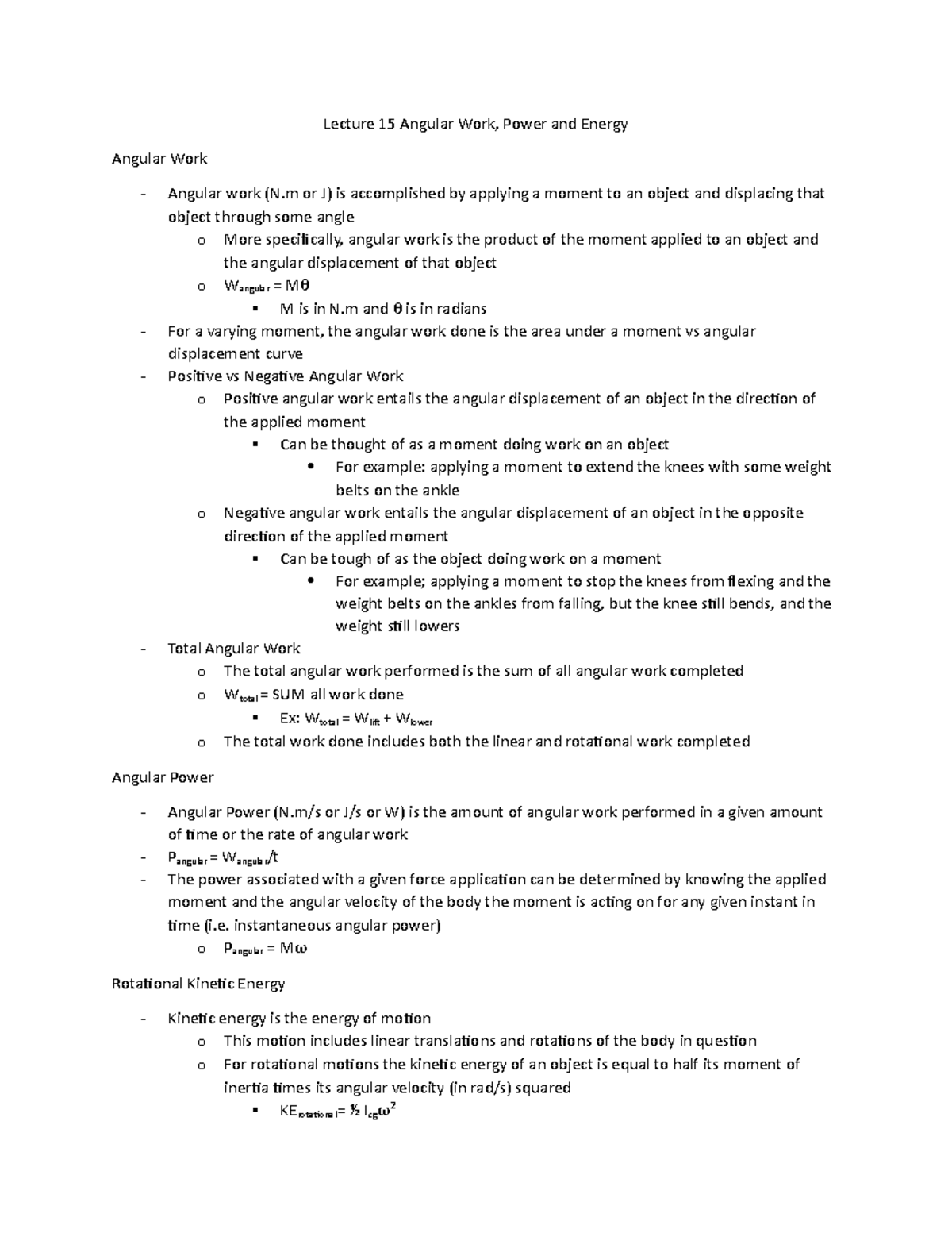 Lecture 15 Angular Work, Power and Energy - instantaneous angular power ...