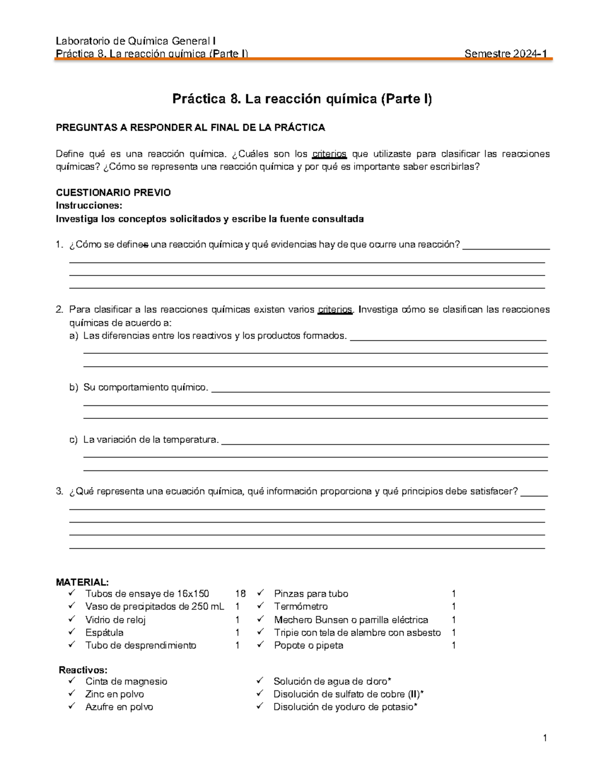 Práctica 8 reacción química I 2024-1 - Práctica 8. La reacción química (Parte I) Semestre 202 4 ...