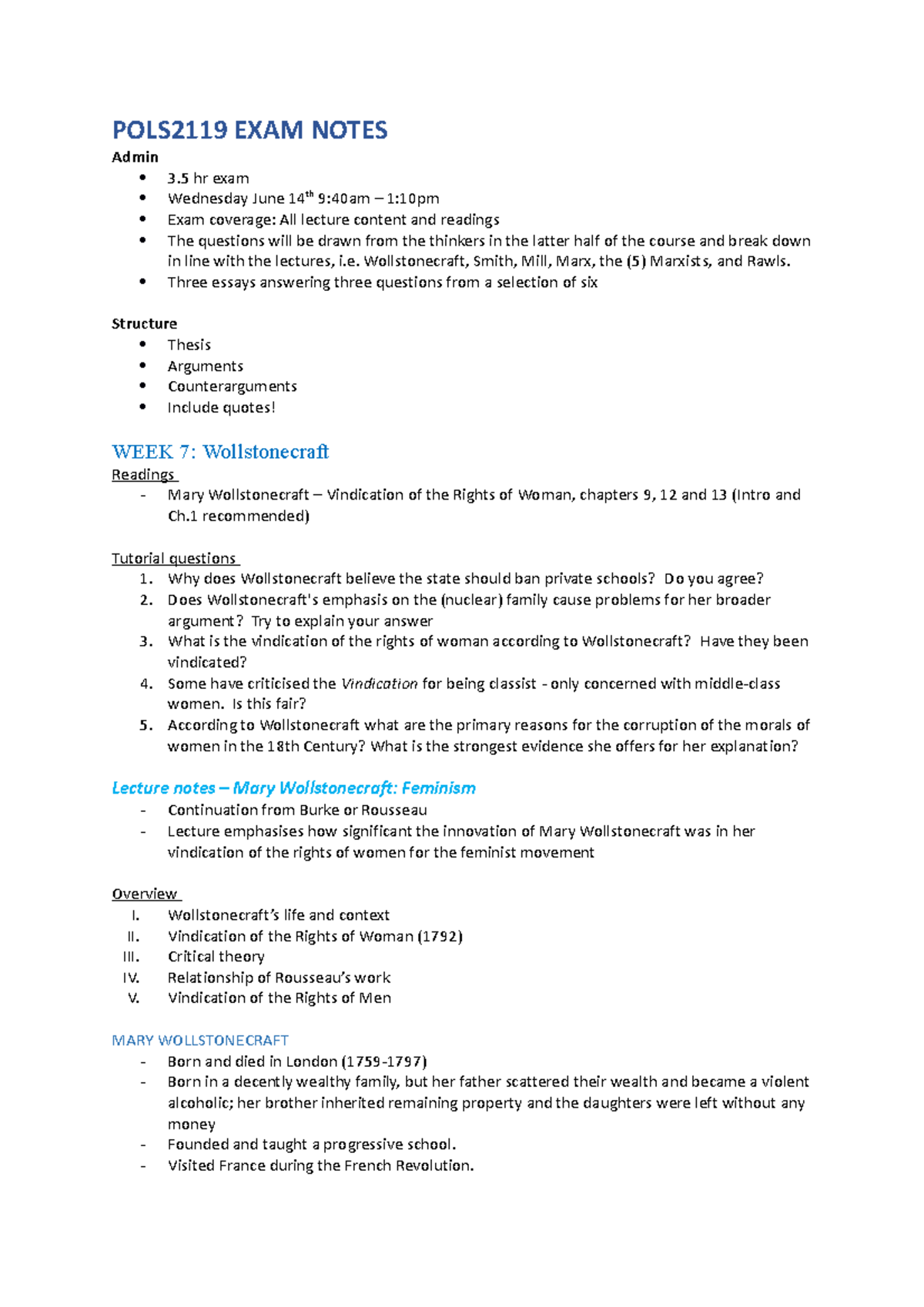 POLS2119 EXAM Notes - POLS2119 EXAM NOTES Admin 3 hr exam Wednesday ...