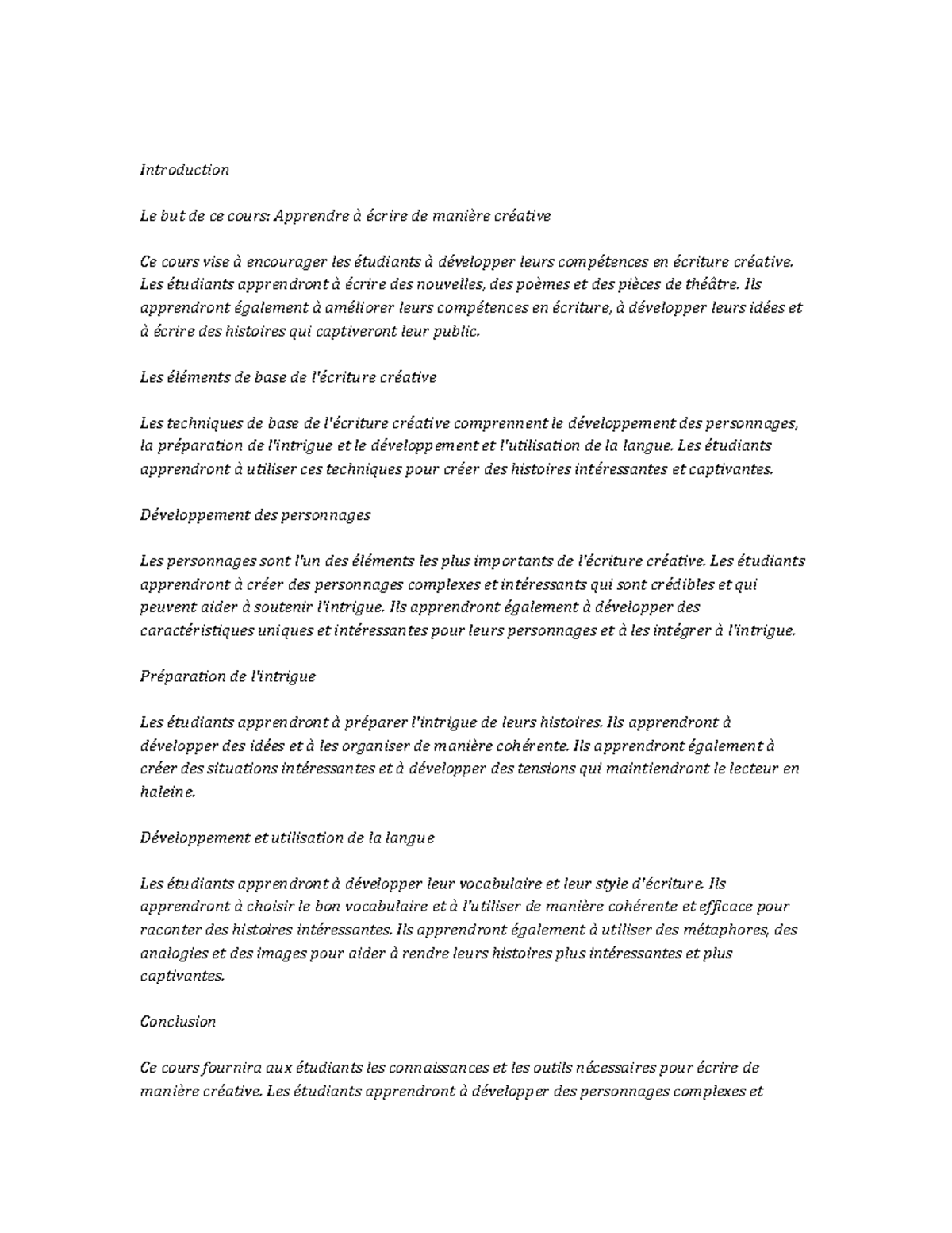 Creative Writing Note Study Introduction Le But De Ce Cours